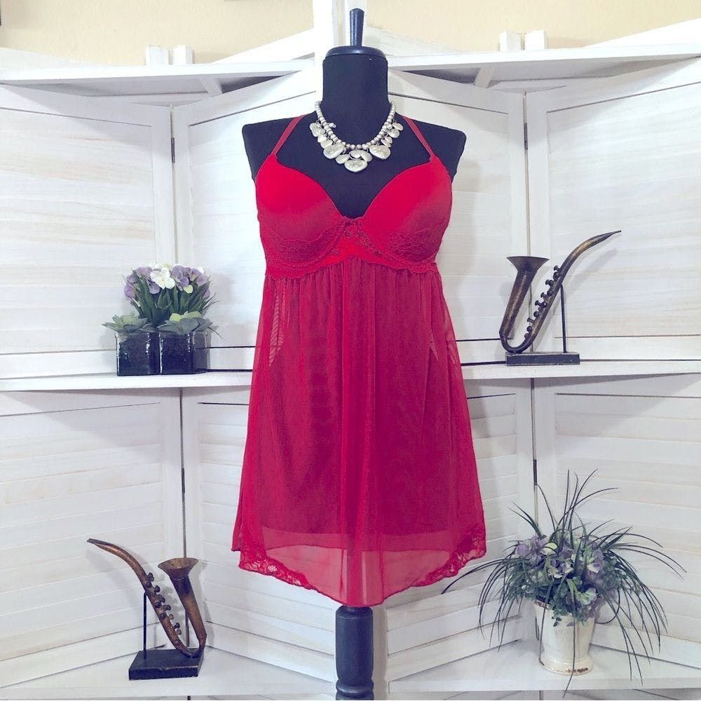 Streetwear Jessica Simpson sexy sheer red lace padded babydoll slip L ...