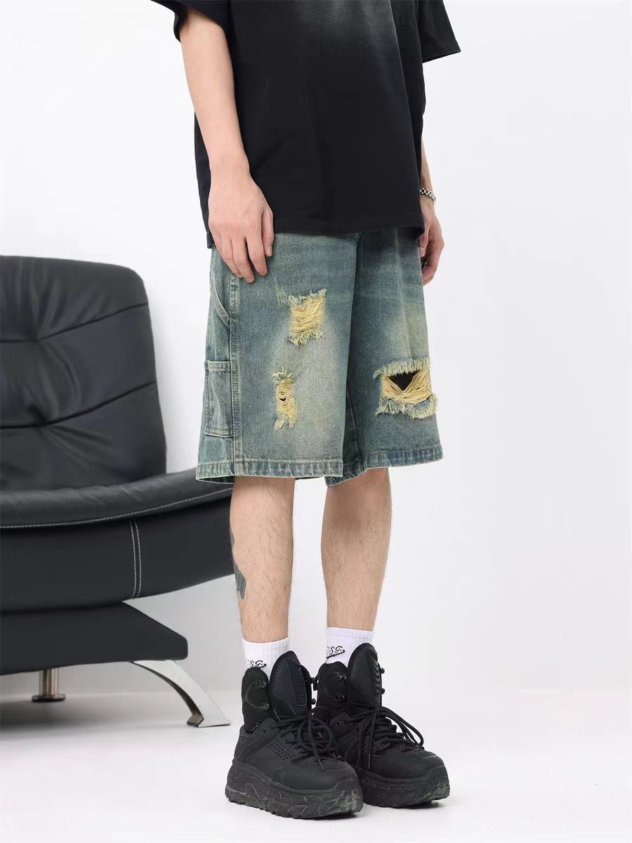 Jean × Streetwear Washed Blue Harajuku Style Hole Breaking Loose Denim ...