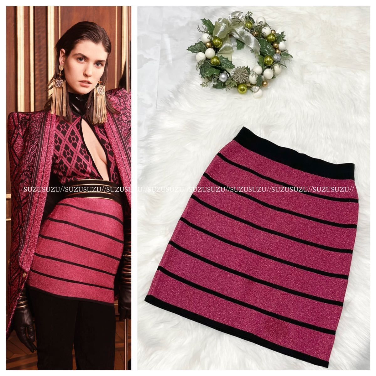 Balmain Balmain Striped Mini Tight Skirt 34 Pink x Black Lame | Grailed