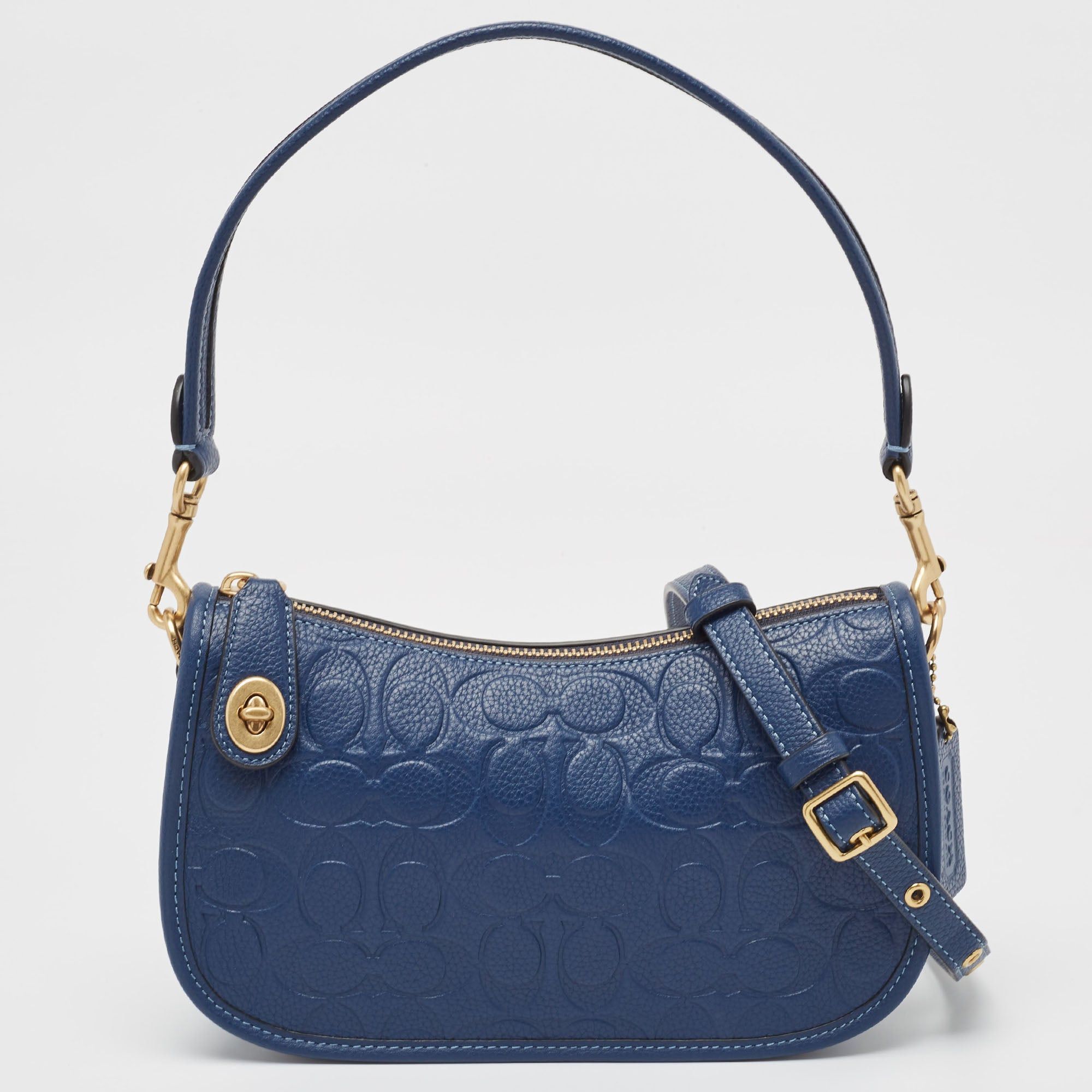 Coach COACH Navy Blue Signature Embossed Leather Swinger 20 Shoulder ...