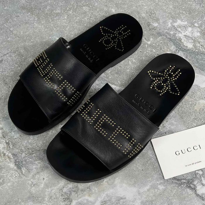 Gucci Studded Logo Bee Slides Sandals Leather 7.5 G | Grailed