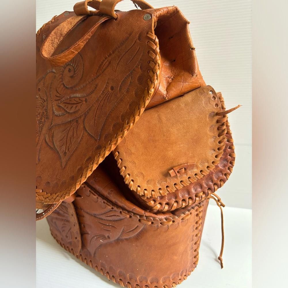 Designer Hand-Tooled Tan Brown Leather Backpack | Grailed