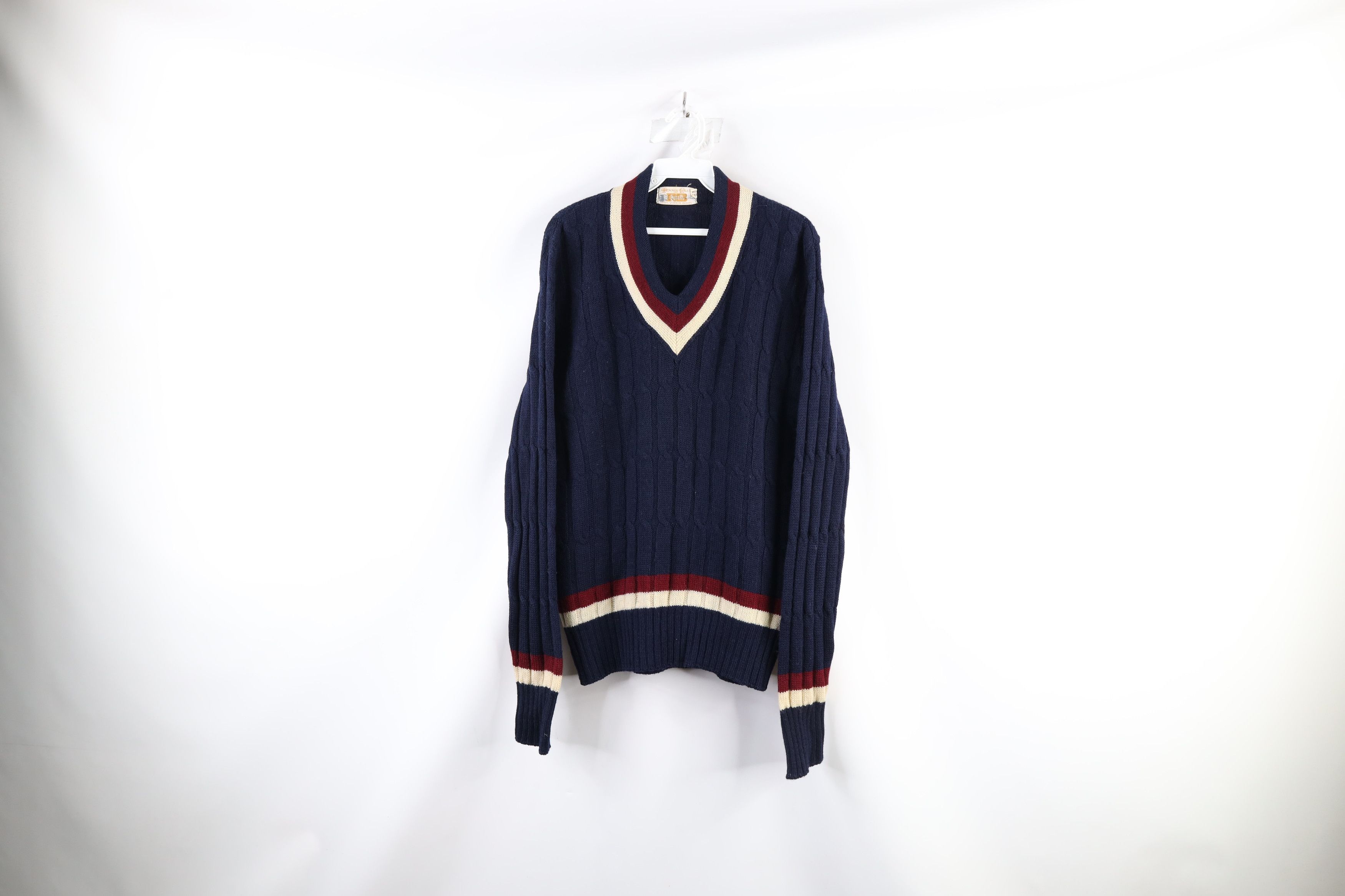 Vintage Vintage 70s Dapper Striped Cable Knit V-Neck Sweater USA | Grailed