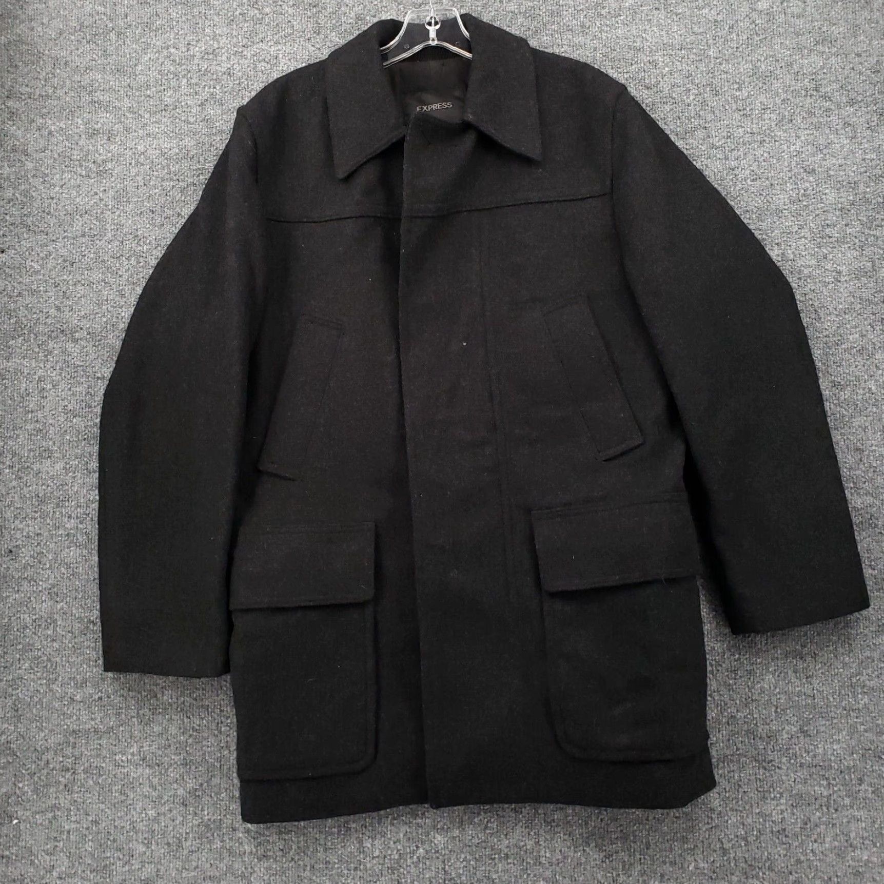 Express Mens Small Black Tweed Peacoat Collared Coat Wool Blend Outdoor ...