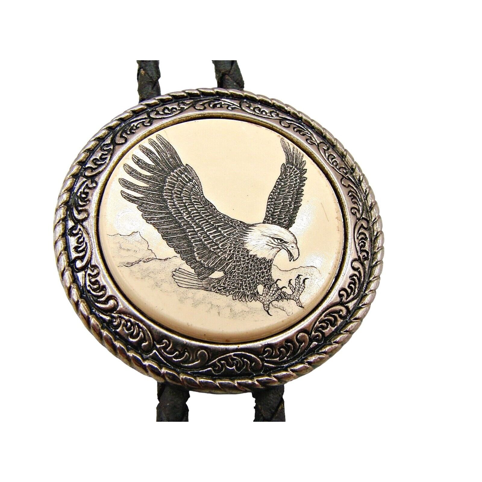 Other × Vintage Barlow USA Bolo Tie Flying Eagle Pendant Black Leather ...