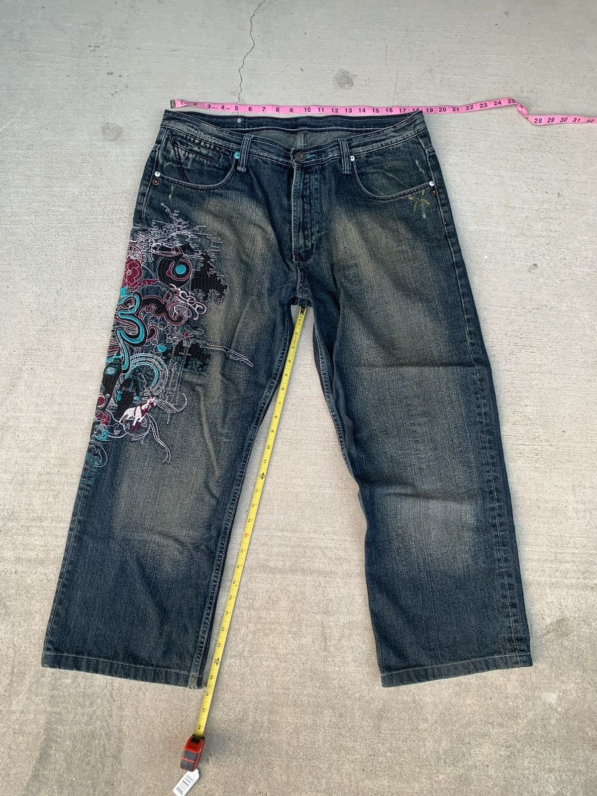 Artful Dodger Artful Dodger Embroidered Baggy Navy Blue Jeans | Grailed