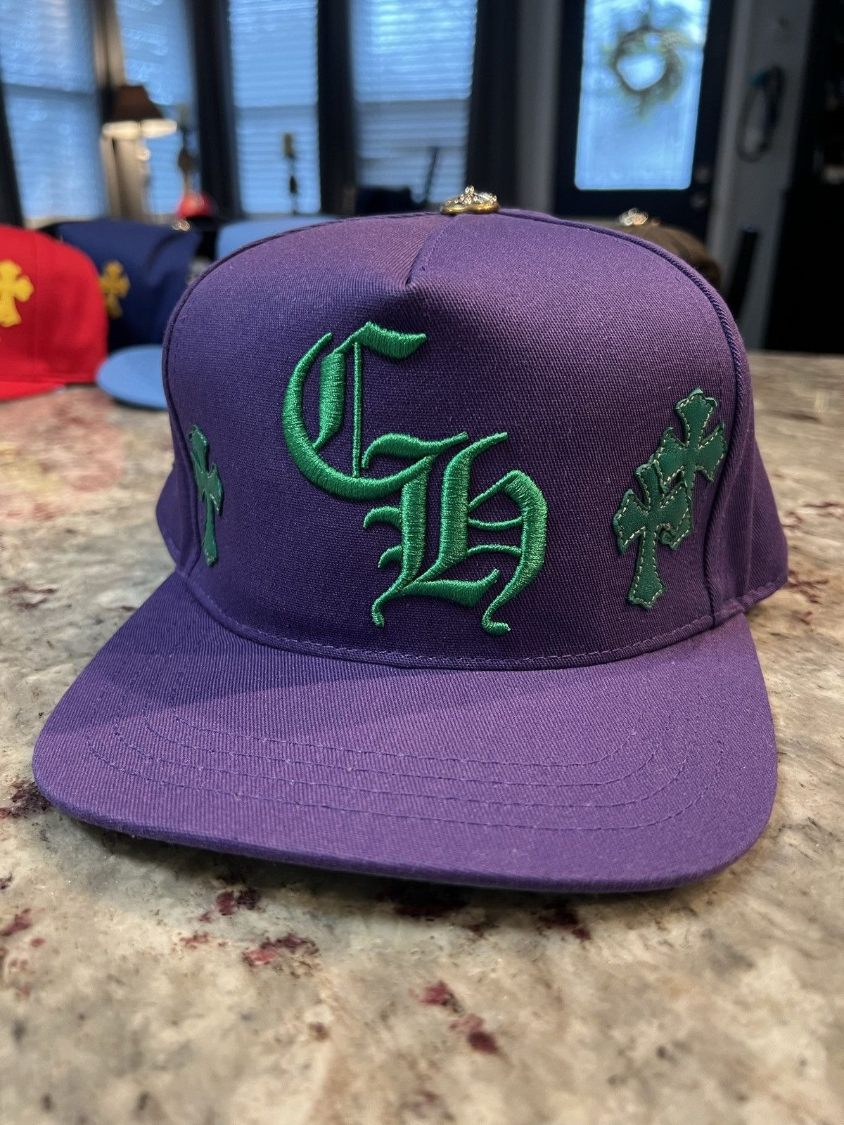 Chrome Hearts Chrome Hearts Purple Green Leather Cross Patch Hat | Grailed