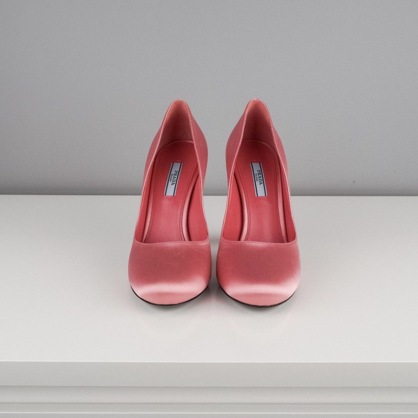 Prada Iconic prada satin pink silver logo metal bolt heels | Grailed