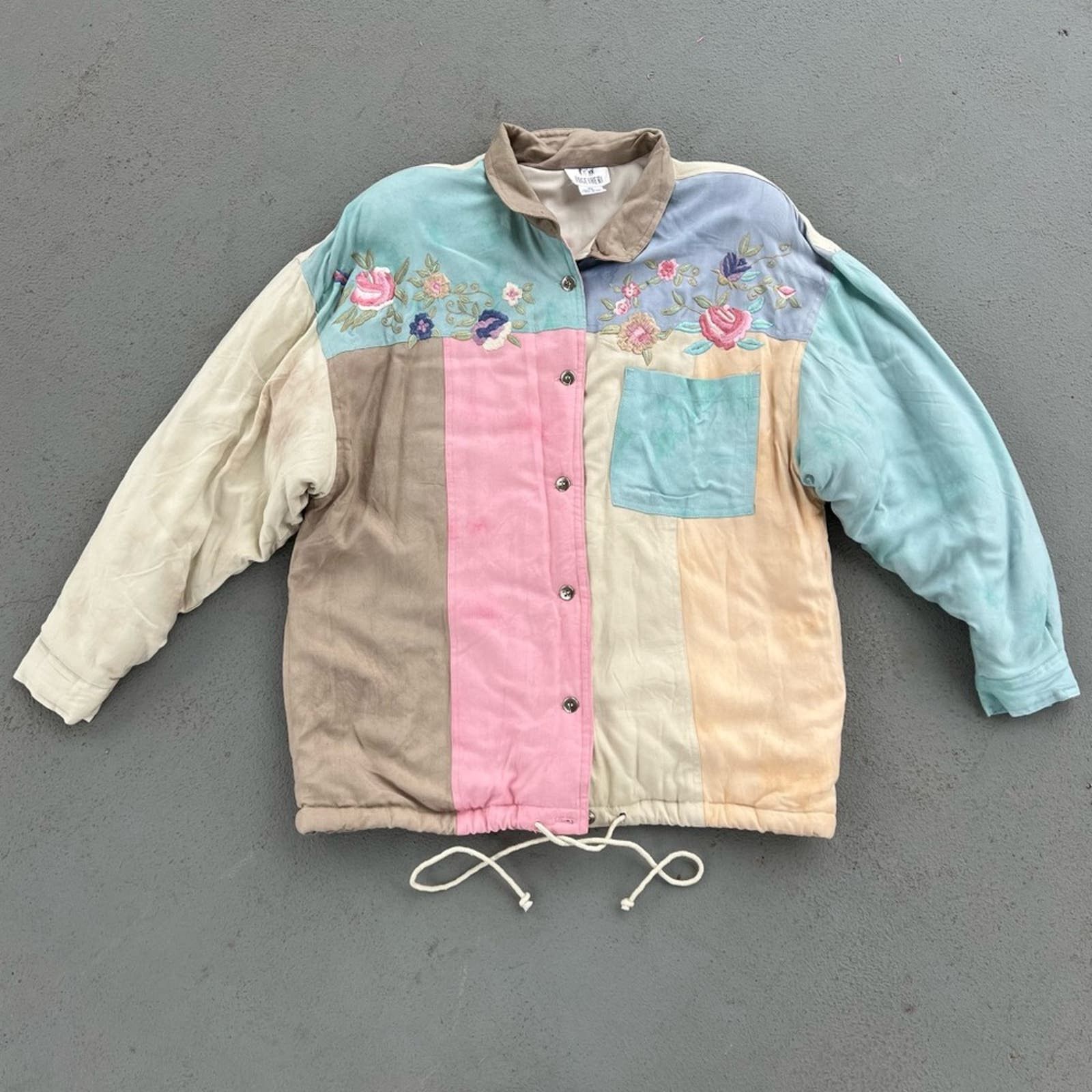 Vintage 80s 90s pastel color block quilted jacket floral embroidery ...