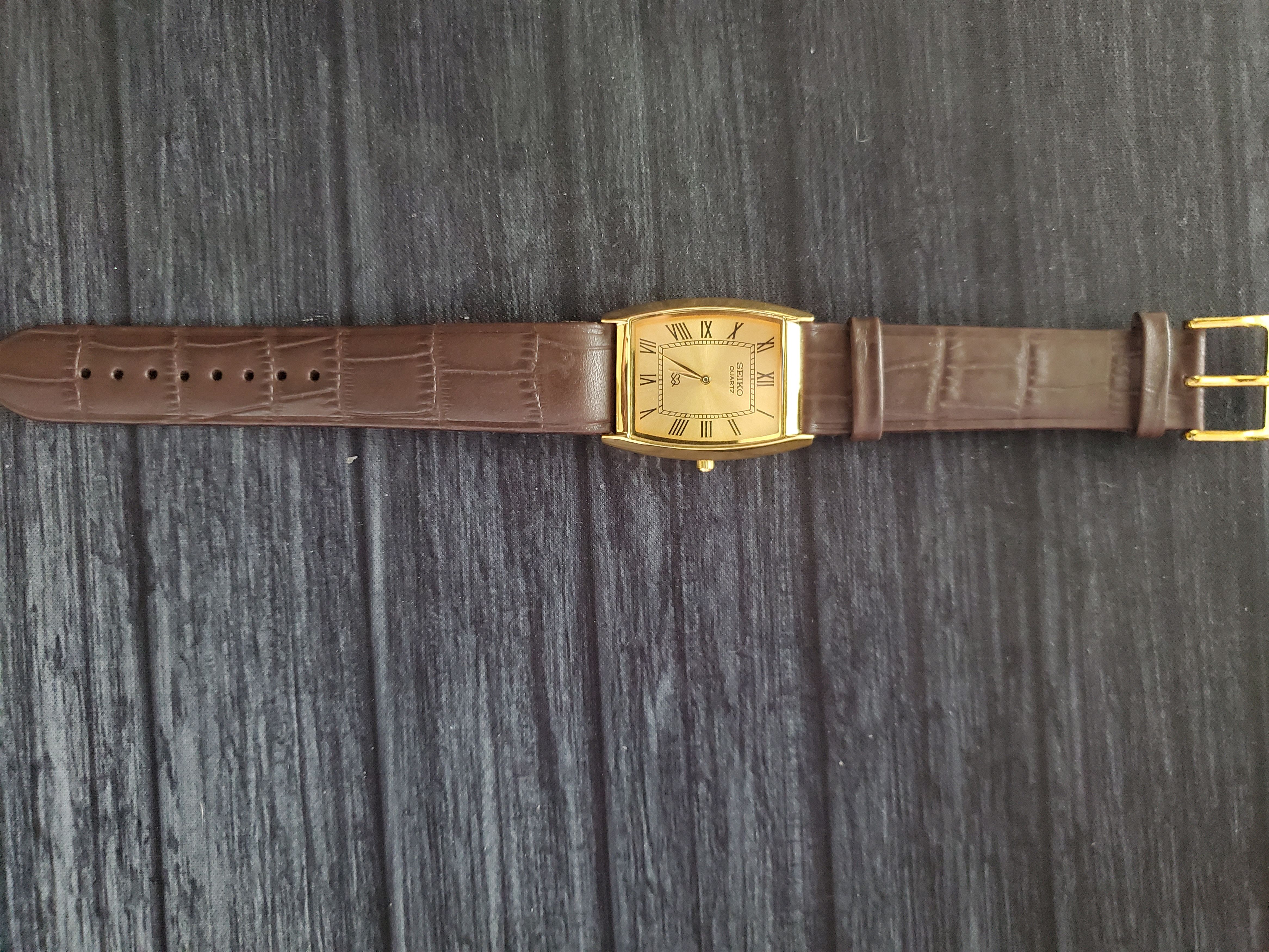 Other Seiko Mens Watch Barrel Tank Gold Roman Dial Brown Leather | Grailed