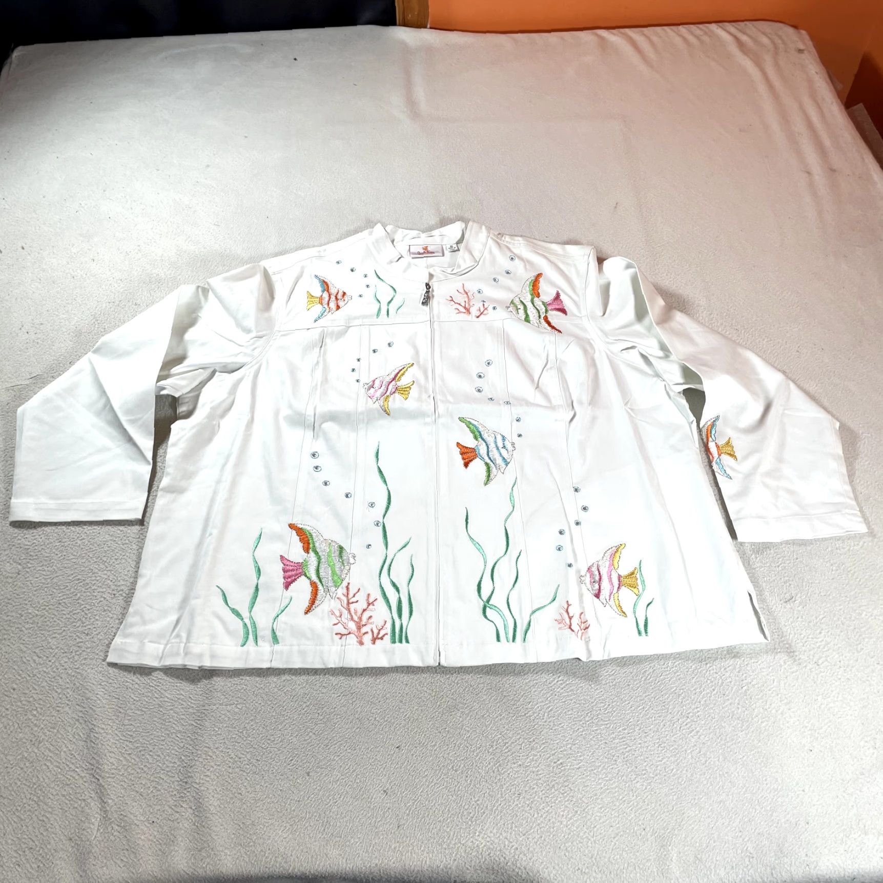 Quacker Factory White 3D Fish Embroidered Dory Beaded Coat New 3X ...
