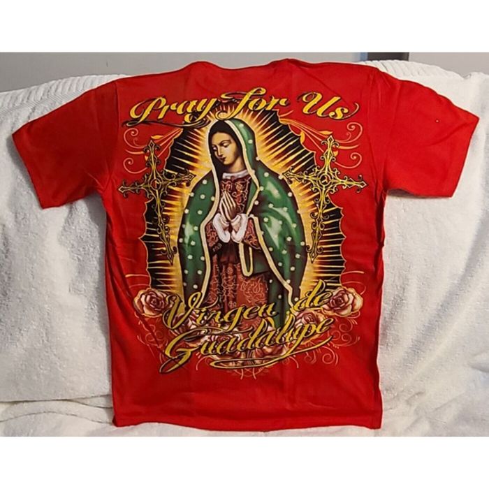 Vintage VIRGEN DE GUADALUPE PRAY 4 US VIRGIN MARY ROSE FLOWER CROSS RED ...