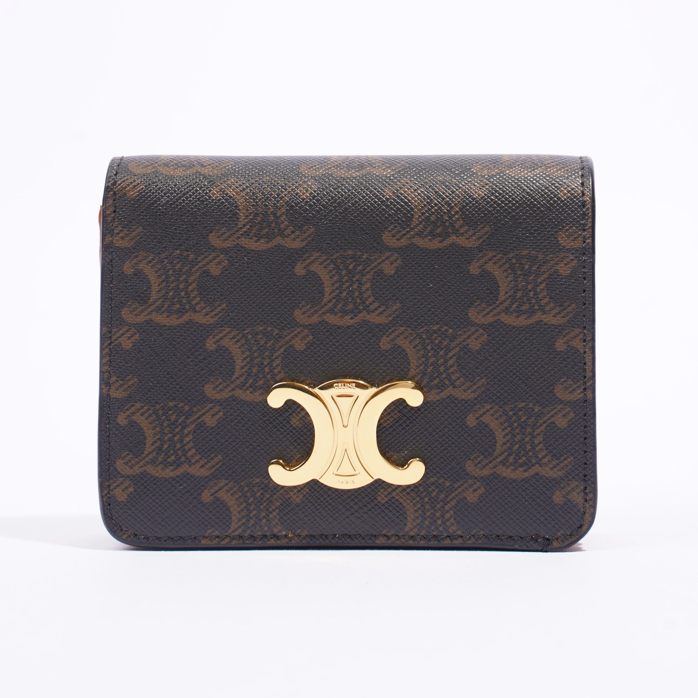 Celine Celine Triomphe Compact Wallet Triomphe Canvas / Tan Leather ...