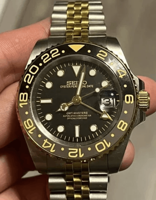 Custom seiko mod gold GMT movement jubilee watch | Grailed
