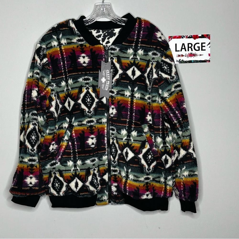 Designer Crazy Train Large Reversible Fleece Jacket Aztec & Cow Print ...