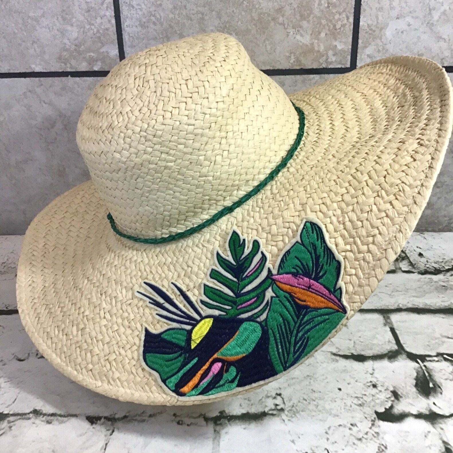 Vintage Oversize Paper Sun Hat Green Foliage Print Tropical Vacation ...
