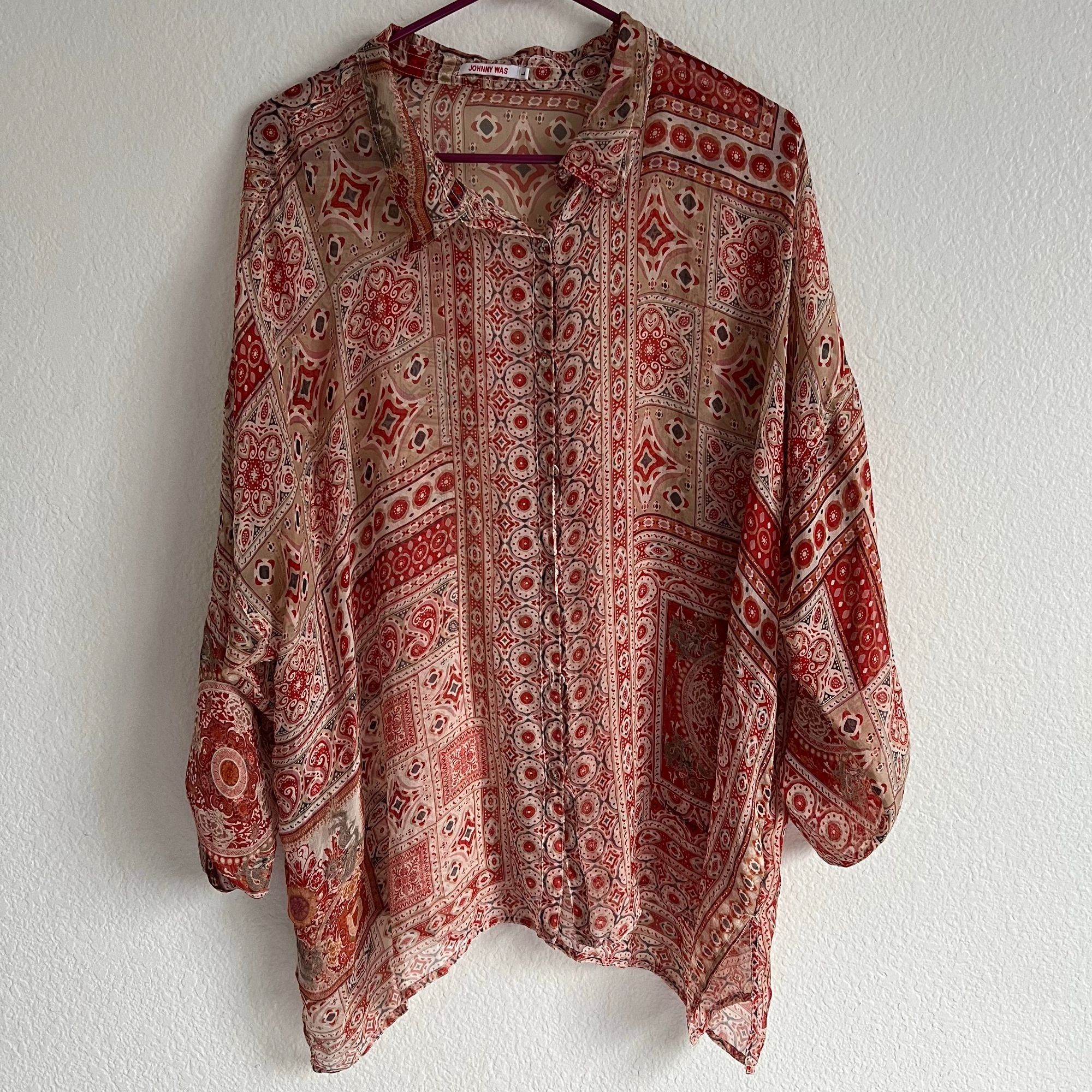 Johnny Was Johnny Was. Red and cream-colored buttoned down sheer blouse ...