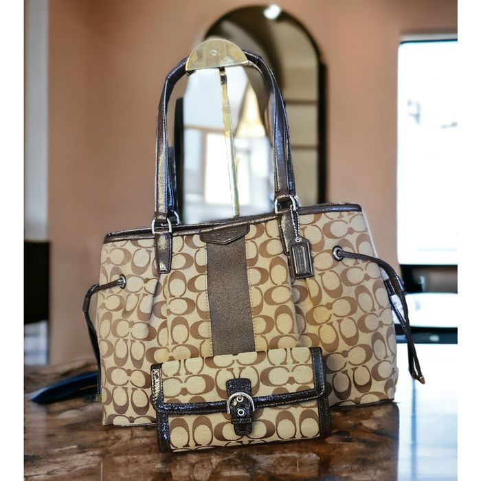 Coach Coach Signature Stripe Drawstring Carryall matching wallet | Grailed