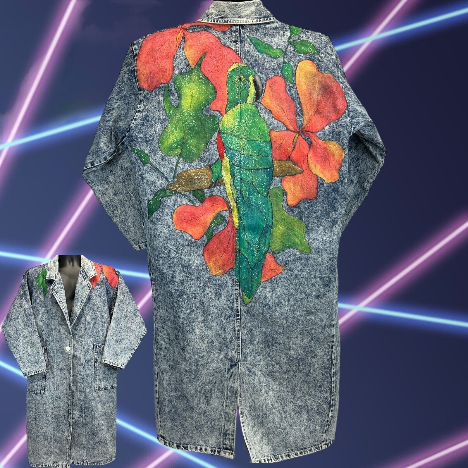 Vintage Vintage Parrot Art Womens Denim Trench Coat Medium 80s Bird ...