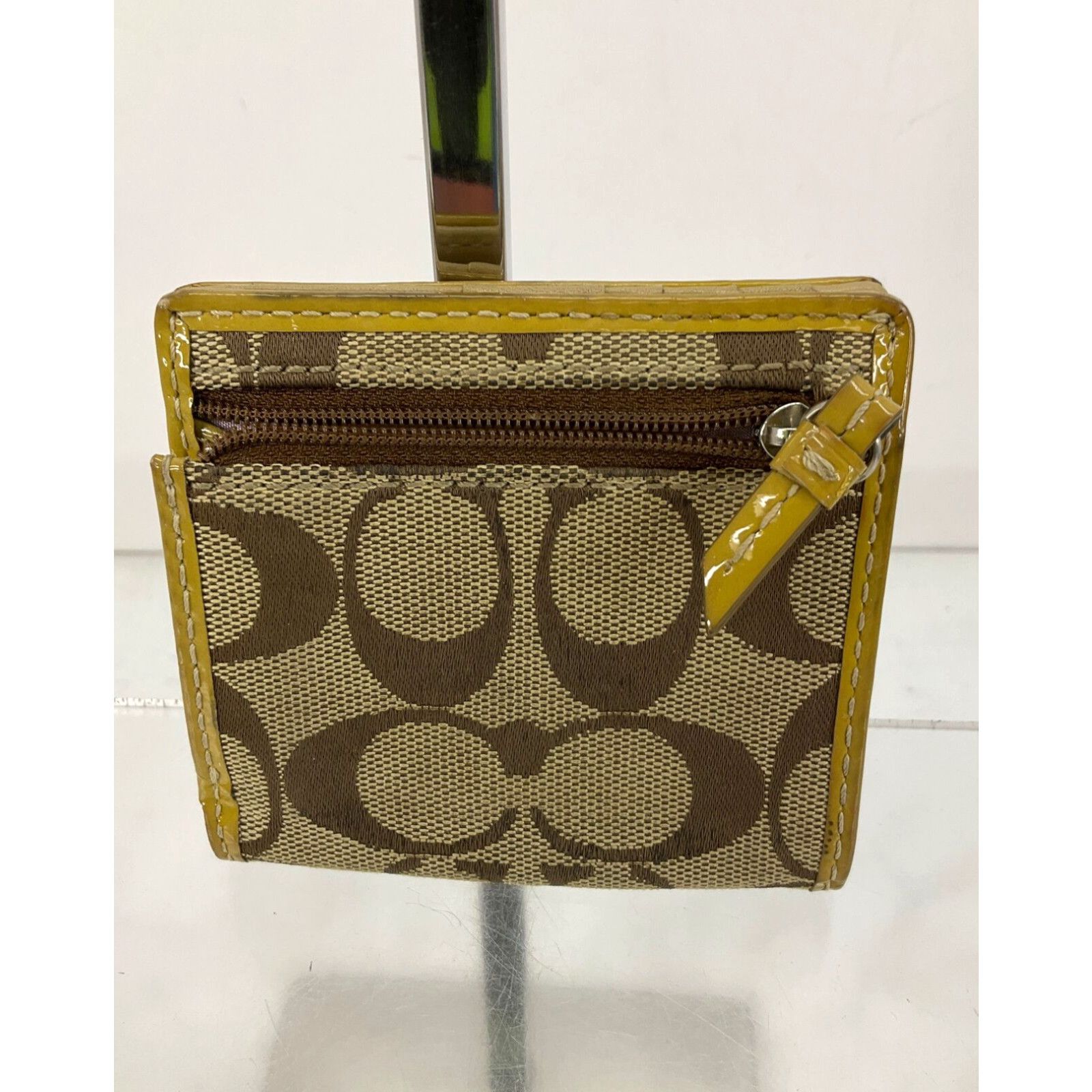 Coach Coach Brown Signature Jacquard & Patent Leather Snap Wallet | Grailed