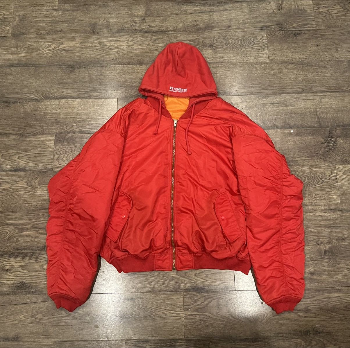 Vetements Vetements AW16 Red Runway Hooded Bomber Jacket | Grailed