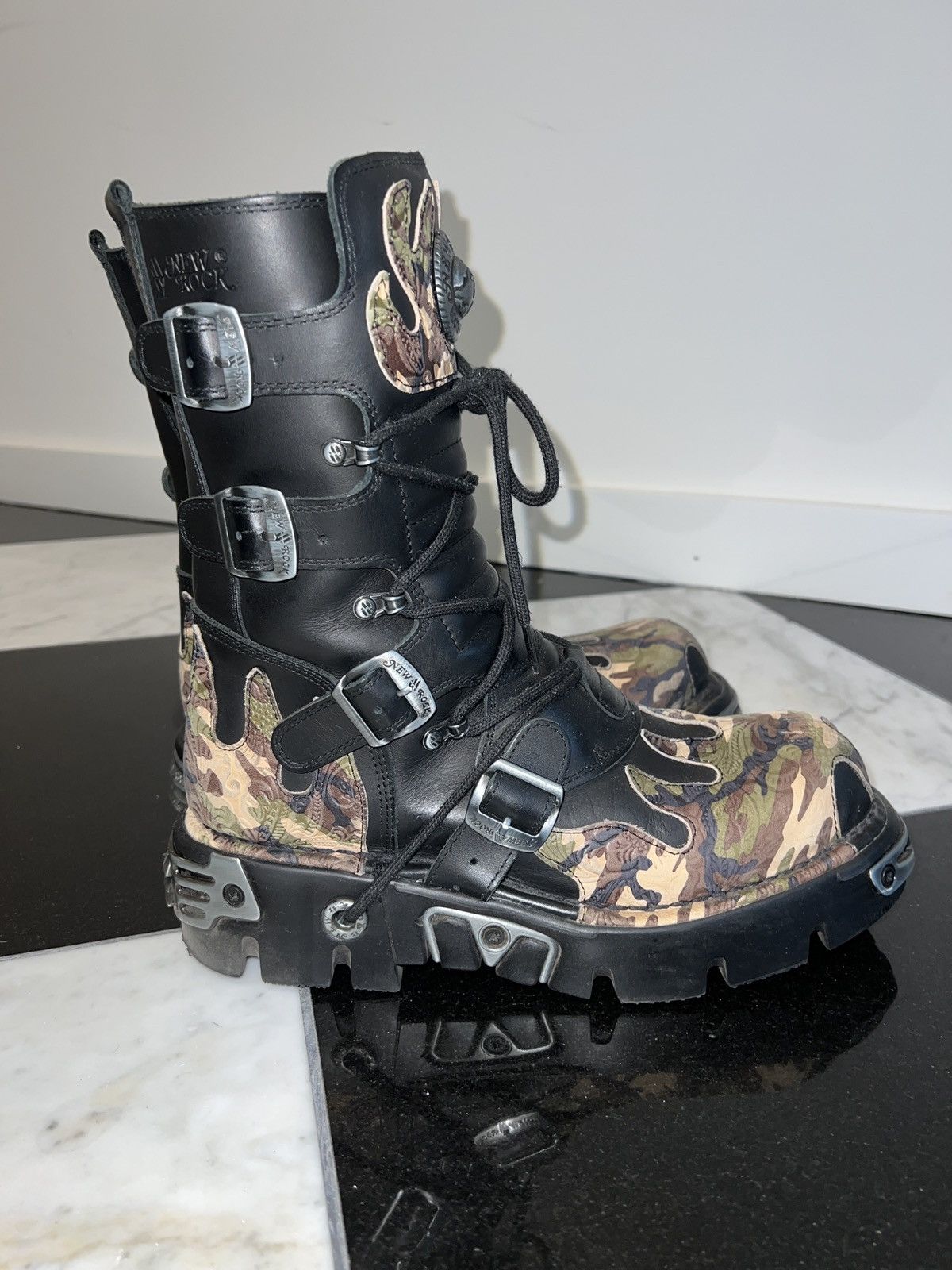 New Rock New Rock 591 S15 Camouflage Flame Black Leather Biker Boot ...