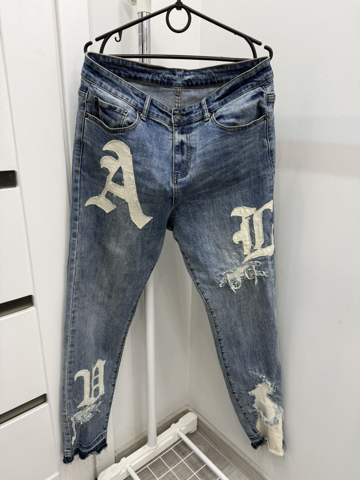 Val Kristopher Val Kristopher Distressed Letters Embroidered Jeans ...
