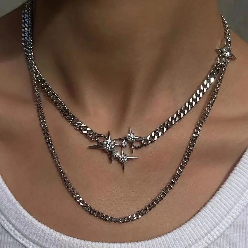 Cuban Link Chain Shiny Crystal Star Chains Tassel Layered Choker ...