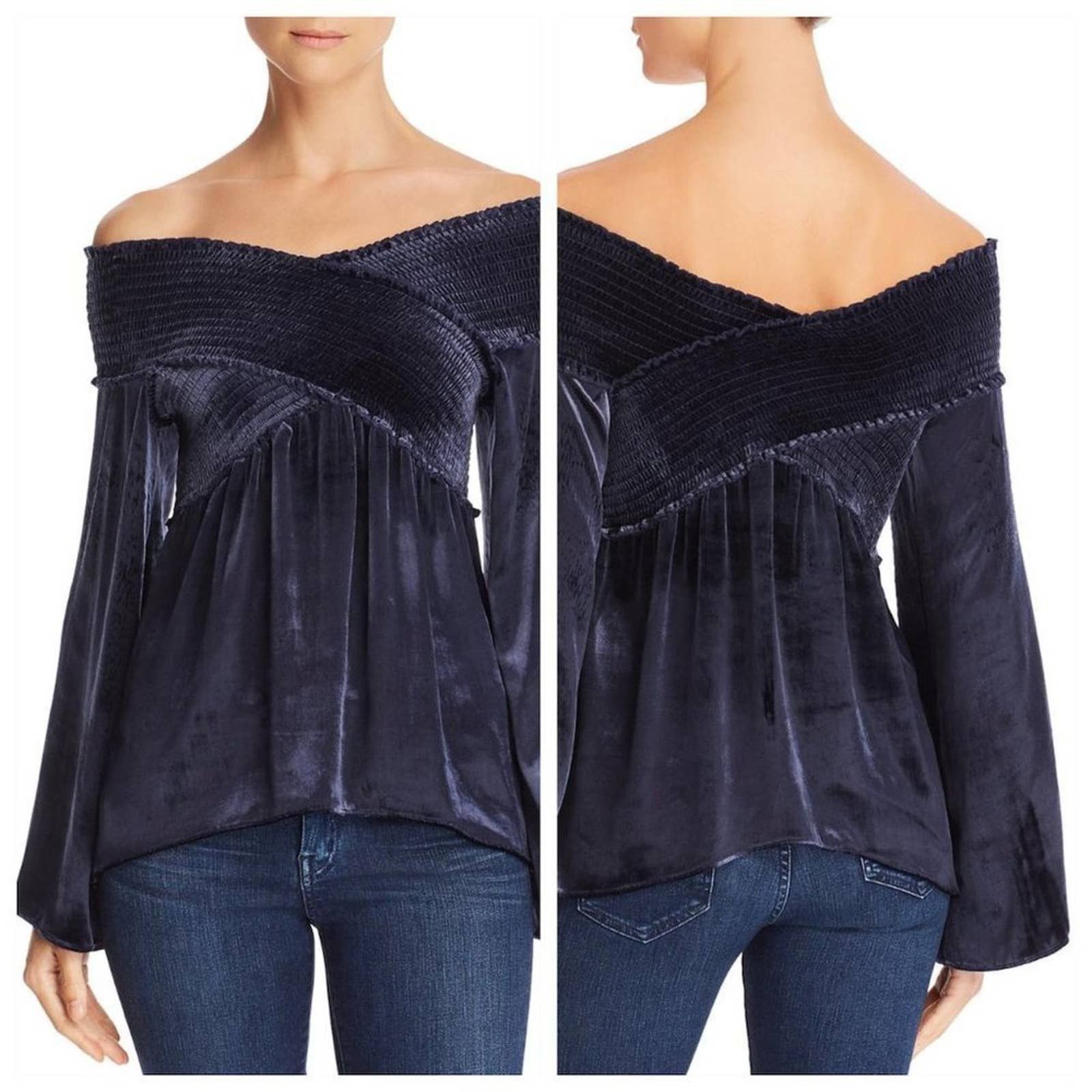 Ramy Brook Ramy Brook Liza Velvet Smocked Top Off Shoulder Bell Sleeve ...