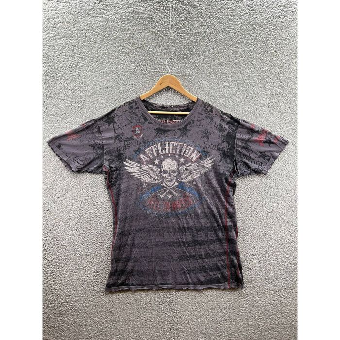 Affliction Affliction American Customs Gray Skull Wings Distressed Tee ...