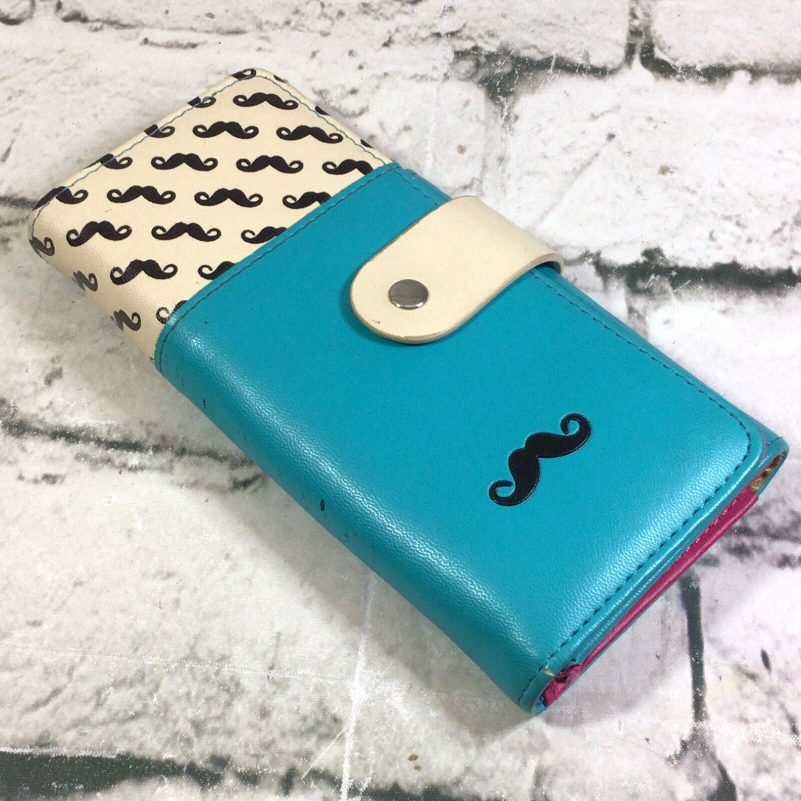 Vintage Botusi Mustache Ladies Wallet Blue Vegan Leather Folding With ...