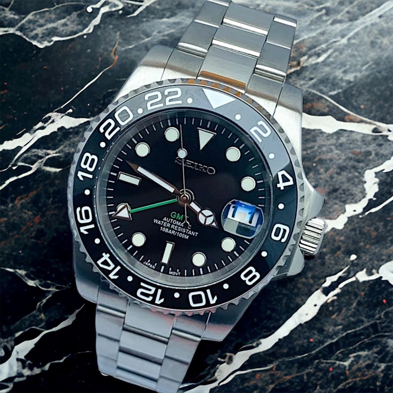 Custom Seiko Mod GMT 2 Black Dial Steel Automatic Watch | Grailed