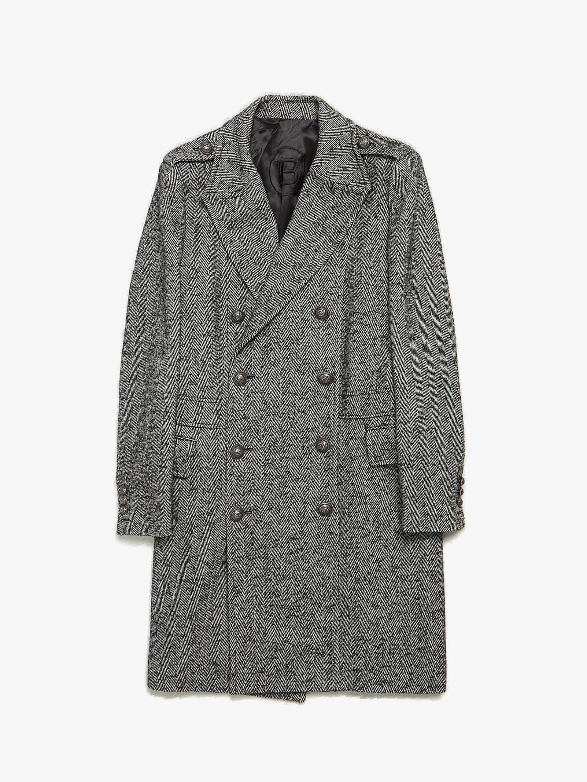 Balmain Gray Herringbone Wool Blend Coat | Grailed