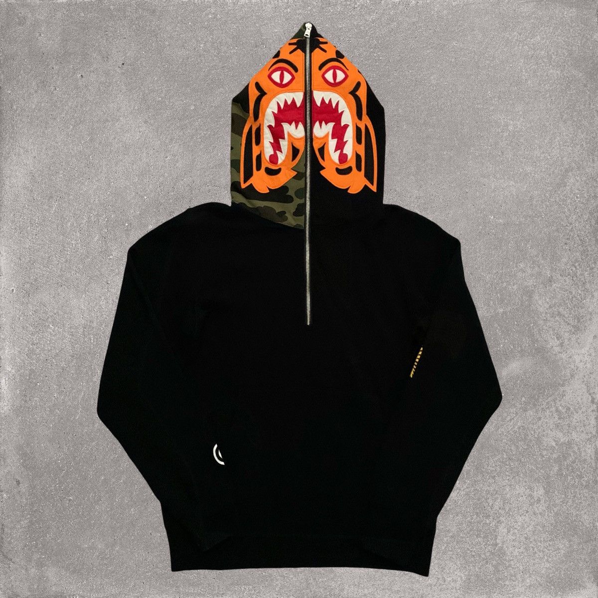 Bape Bape Small Shark Tiger Camo Quarter Zip Black Hoodie | Grailed