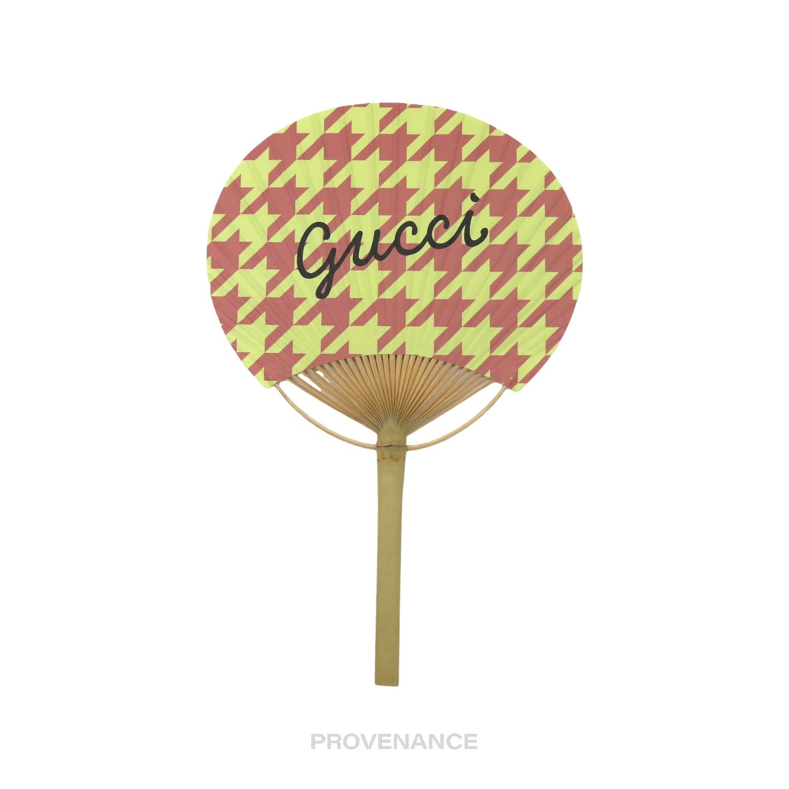 Gucci 🔴 Gucci Logo Bamboo Hand Fan - Houndstooth Pink Yellow | Grailed