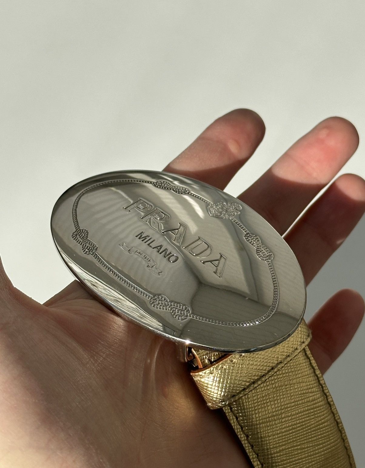 Prada × Streetwear × Vintage PRADA Logo Golden Saffiano Leather Belt ...