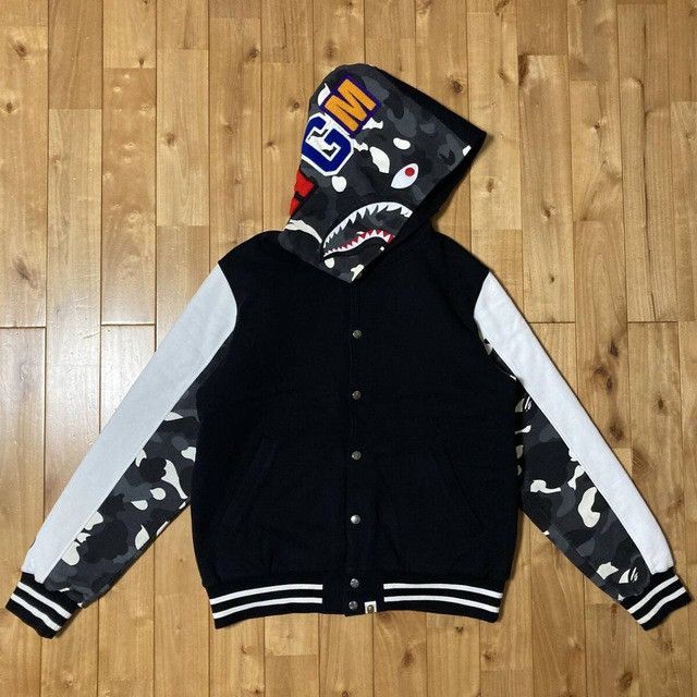 Bape 💫Glow in the dark BAPE City camo shark hoodie varsity jacket | Grailed