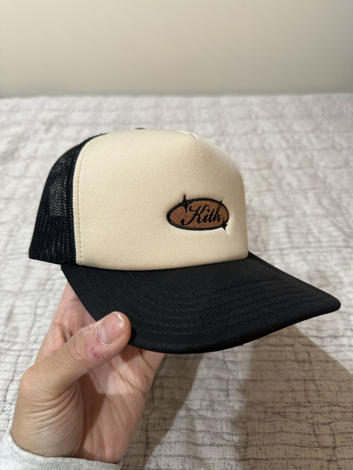 Kith Kith Clean Script Trucker Hat Black/Beige | Grailed