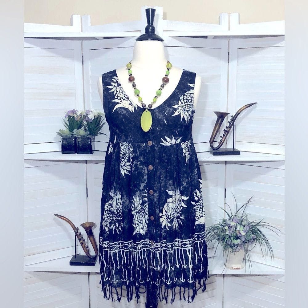 Streetwear Pineapple Moon boho white navy blue floral fringes dress L ...