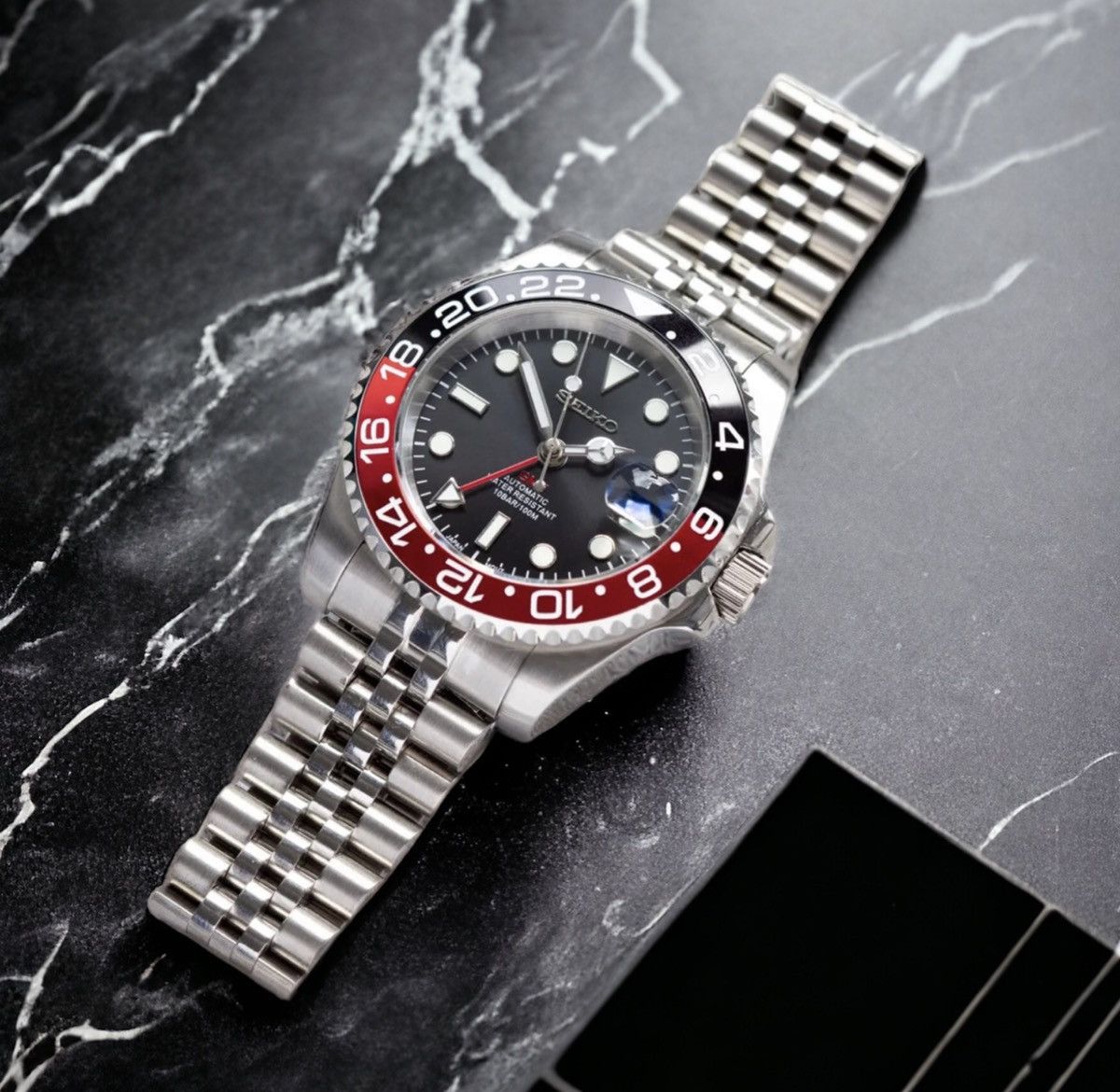 Seiko Seiko Mod GMT-Master Coke Red Black Jubilee Steel Watch 41mm ...