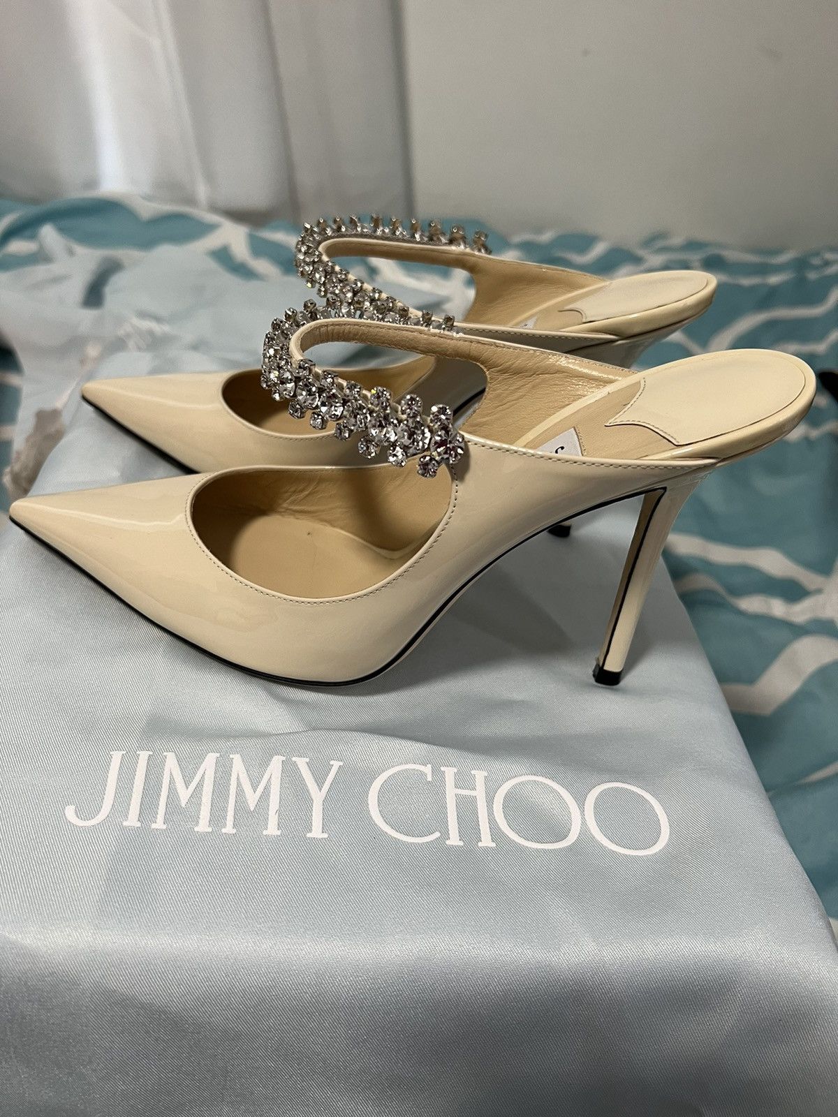 Jimmy Choo Bing 100 Linen Patent Leather Mule with Crystal Strap | Grailed