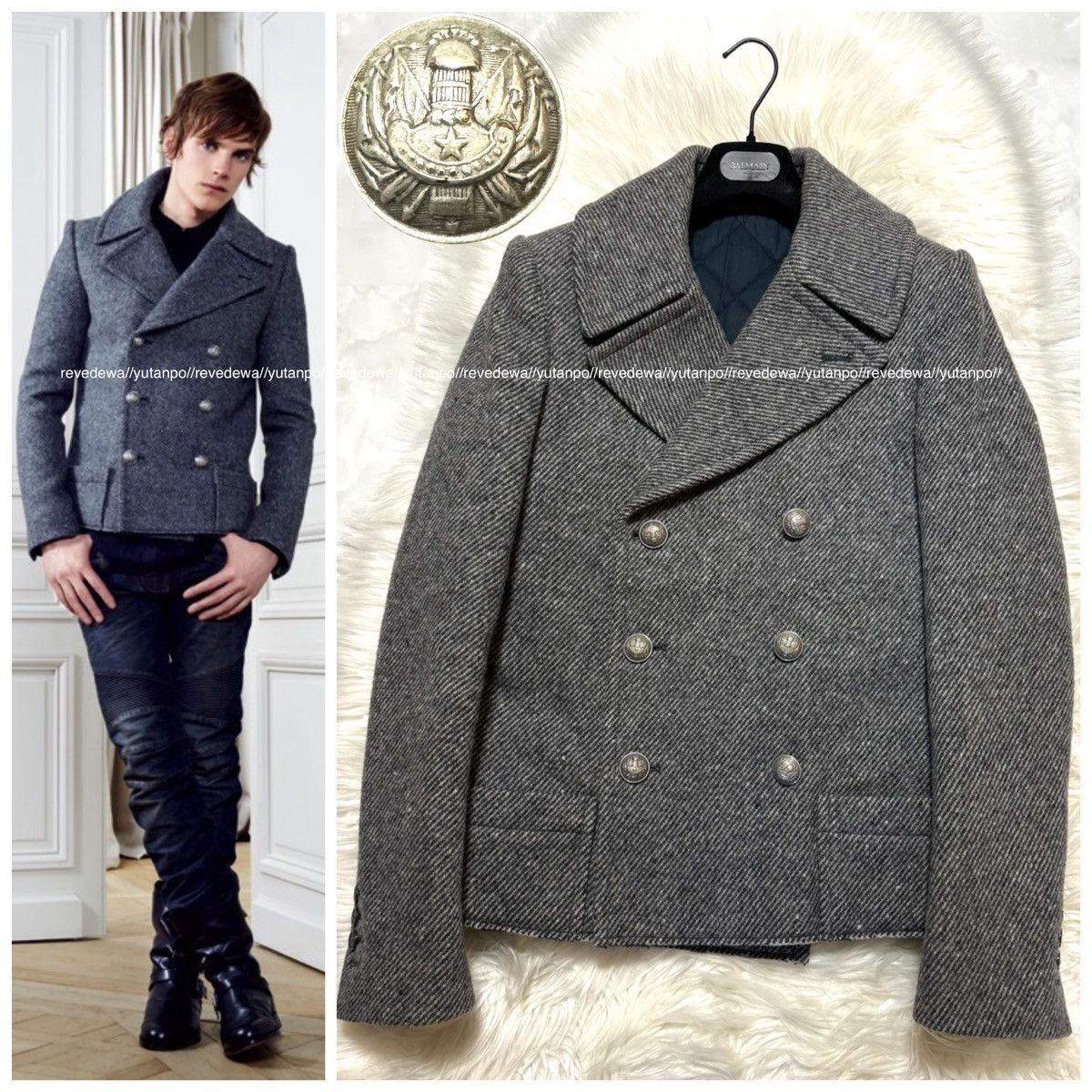 Balmain Balmain HOMME Emblem Button Melton Short Pea Coat Jacket 44 ...