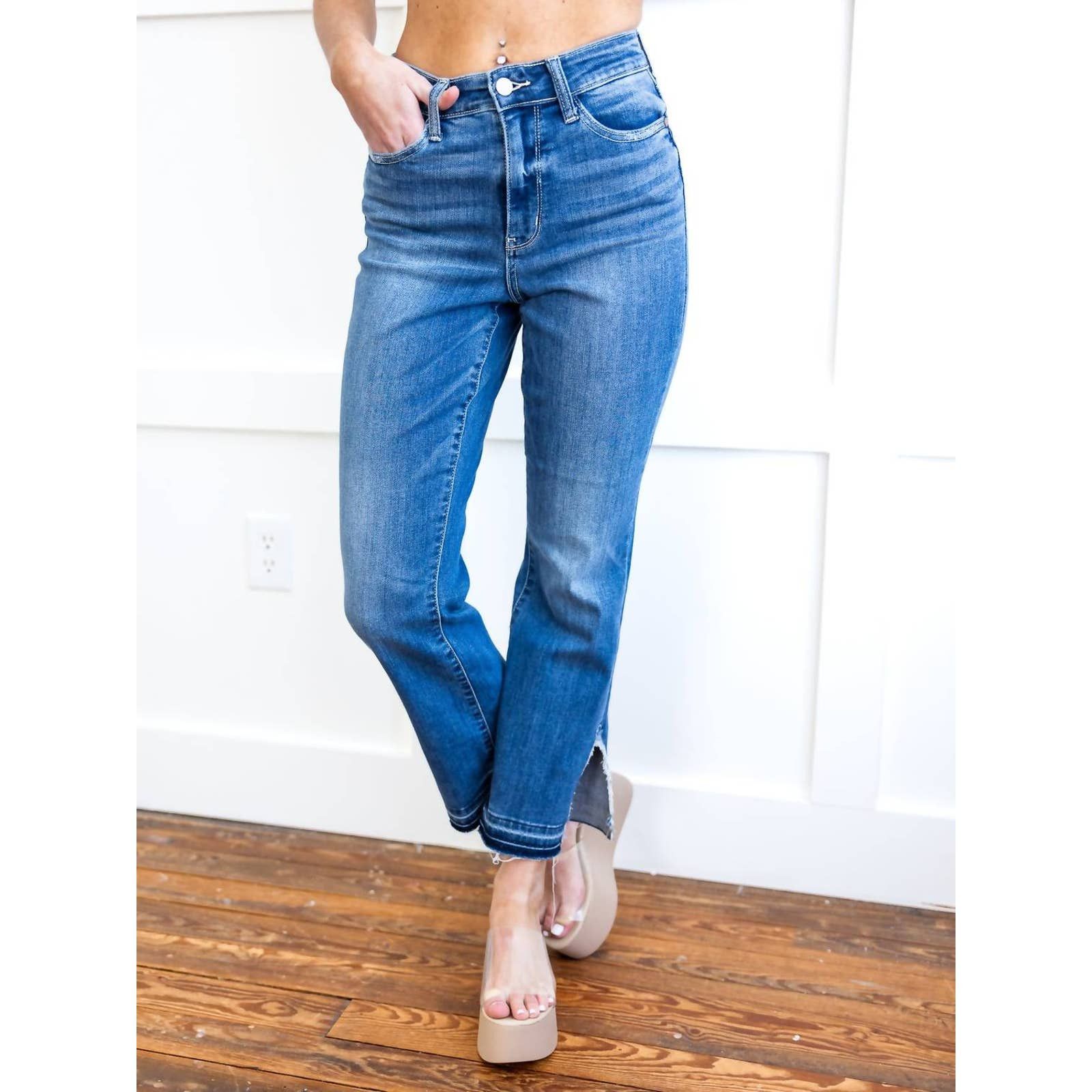 Designer JUDY BLUE High Rise Slit Release Straight Jean In Medium | Grailed