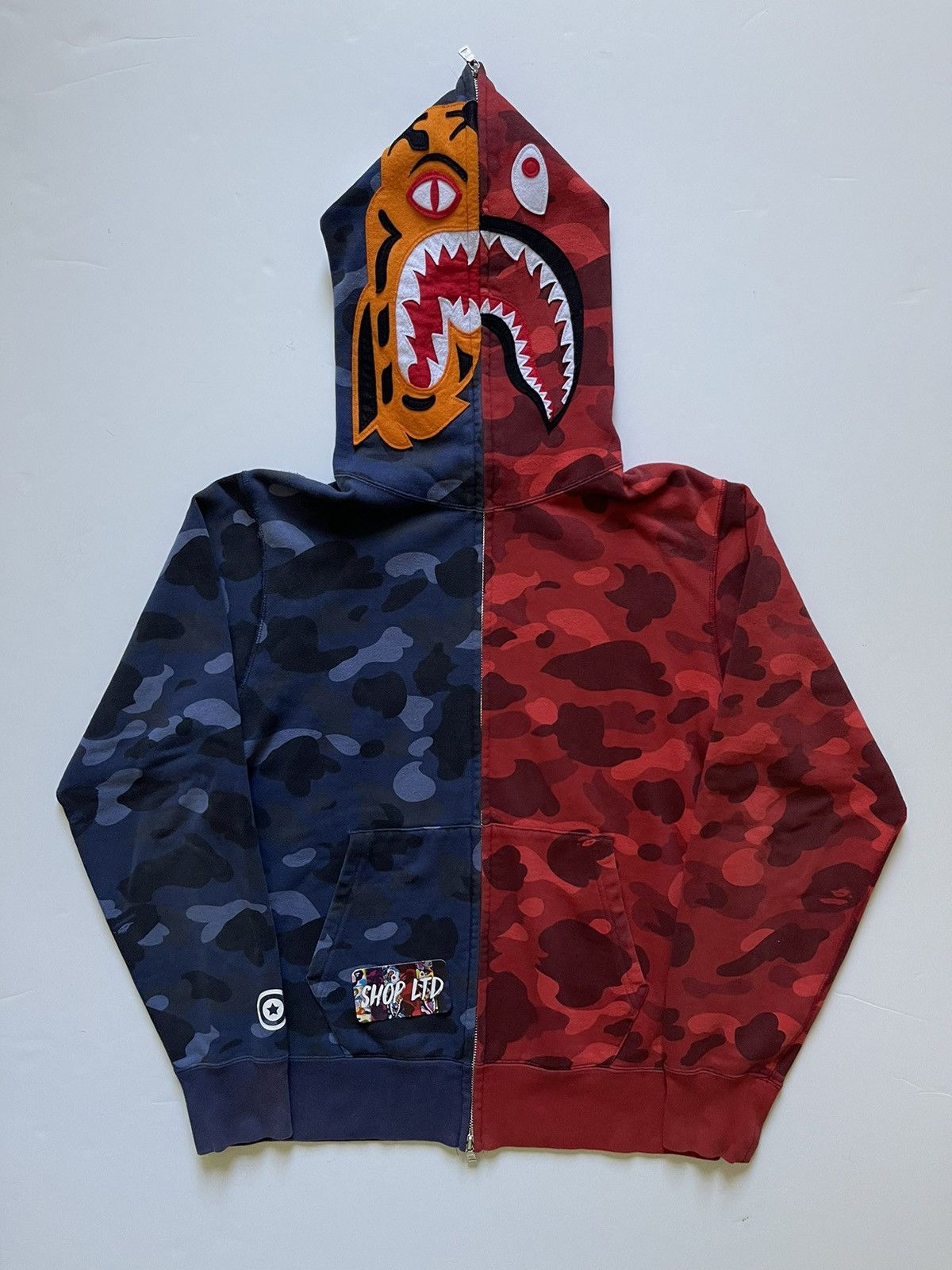 Bape A Bathing Ape Split Red/Blue Camo Shark & Tiger Hoodie | Grailed