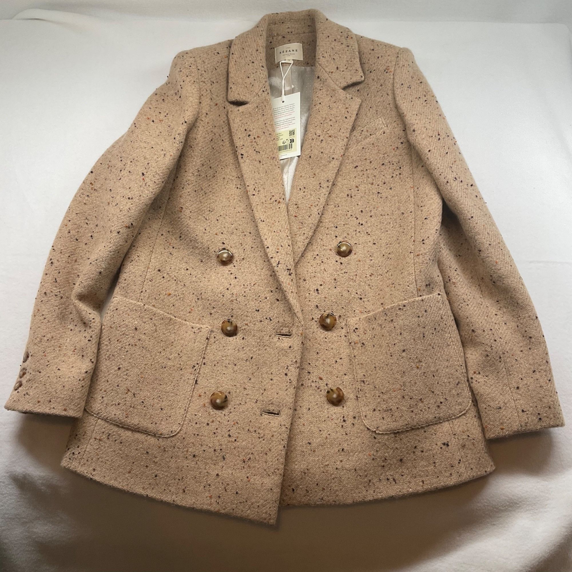 Sezane NWT SÉZANE MICHELE JACKET Mottled Beige Texture dots WOOL bl ...