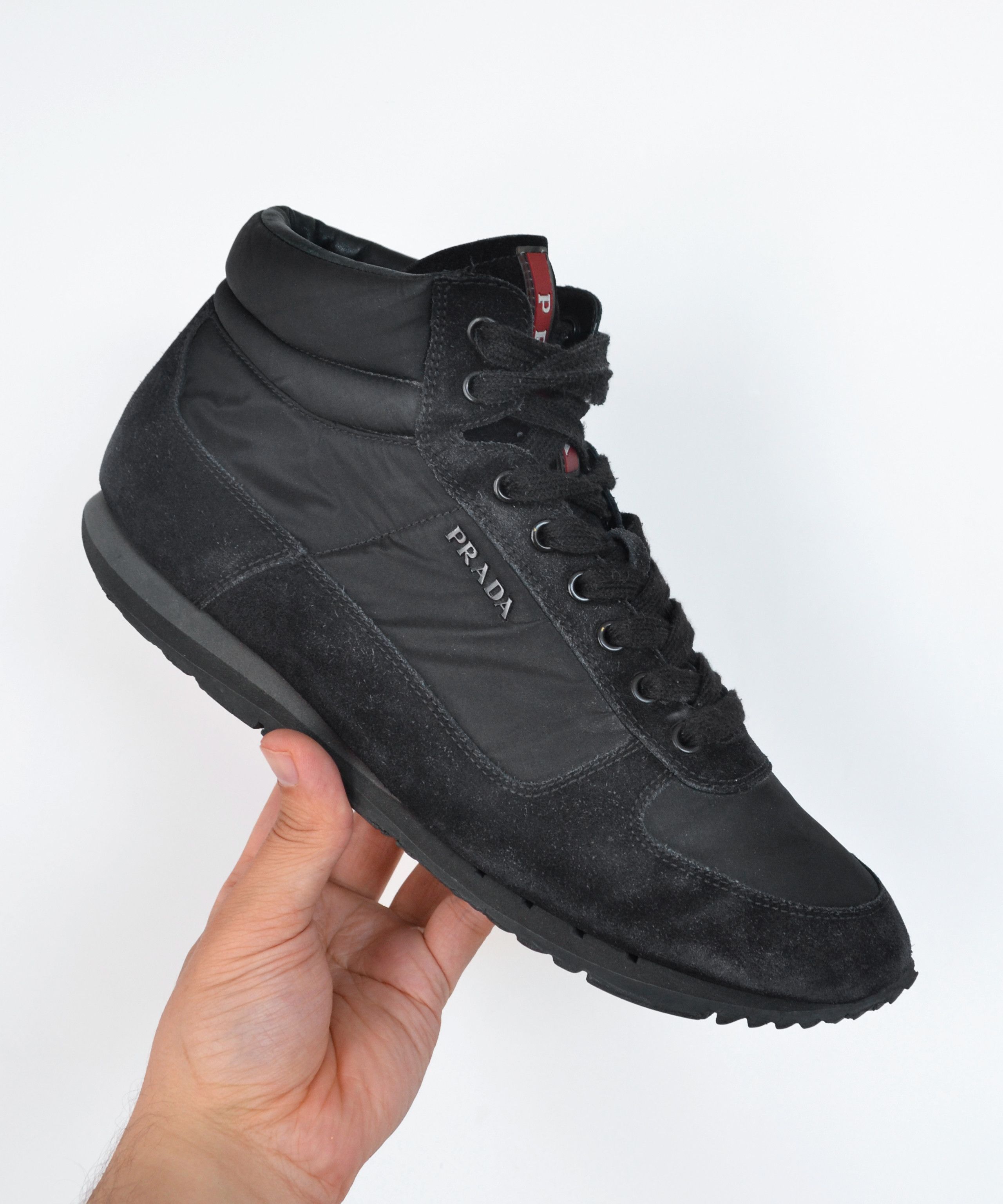 All Blacks × Prada × Simple Footwear 🔥 PRADA Boots Hi Top Sneakers Logo Suede Nylon Red Tab Logo ...