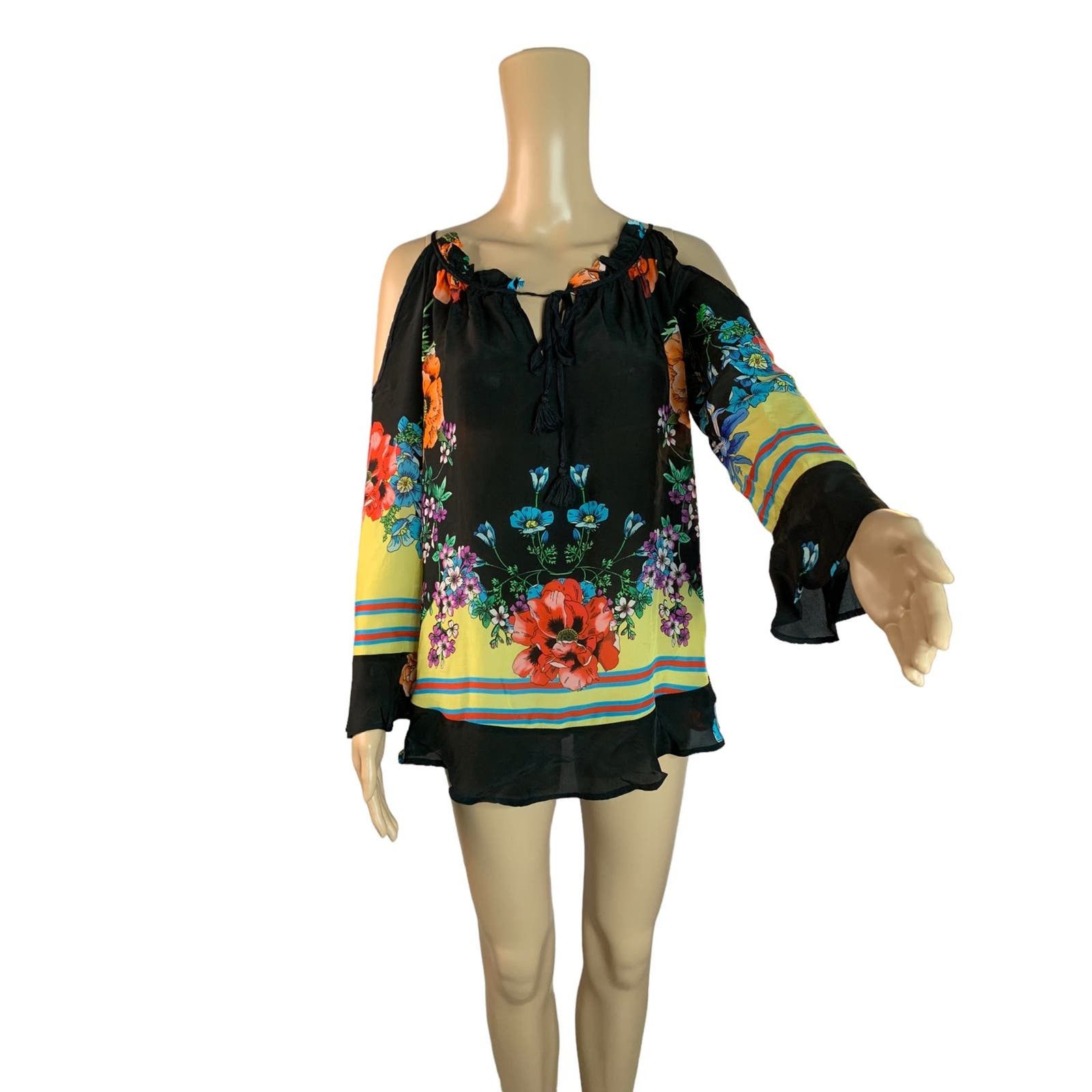 Johnny Was Johnny Was Size 14 Floral Black Cold Shoulder Top Sheer Boho ...