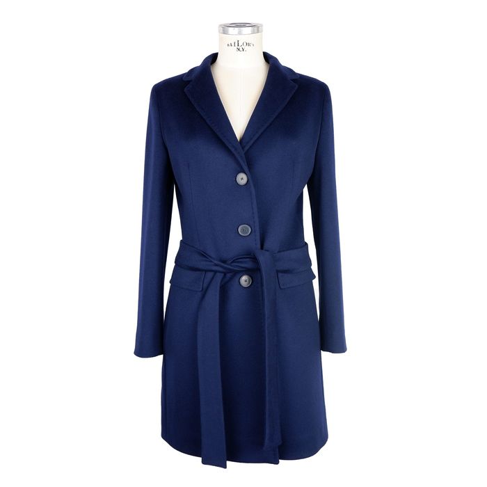 Designer Made in Italy Elegant Blue Wool Coat with Tie Waist | Grailed