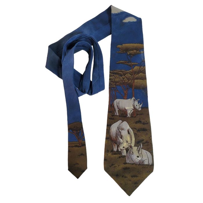 Wwf 1991 Vintage WWF Silk Tie #141 Black Rhinoceros Blue Mlticol | Grailed