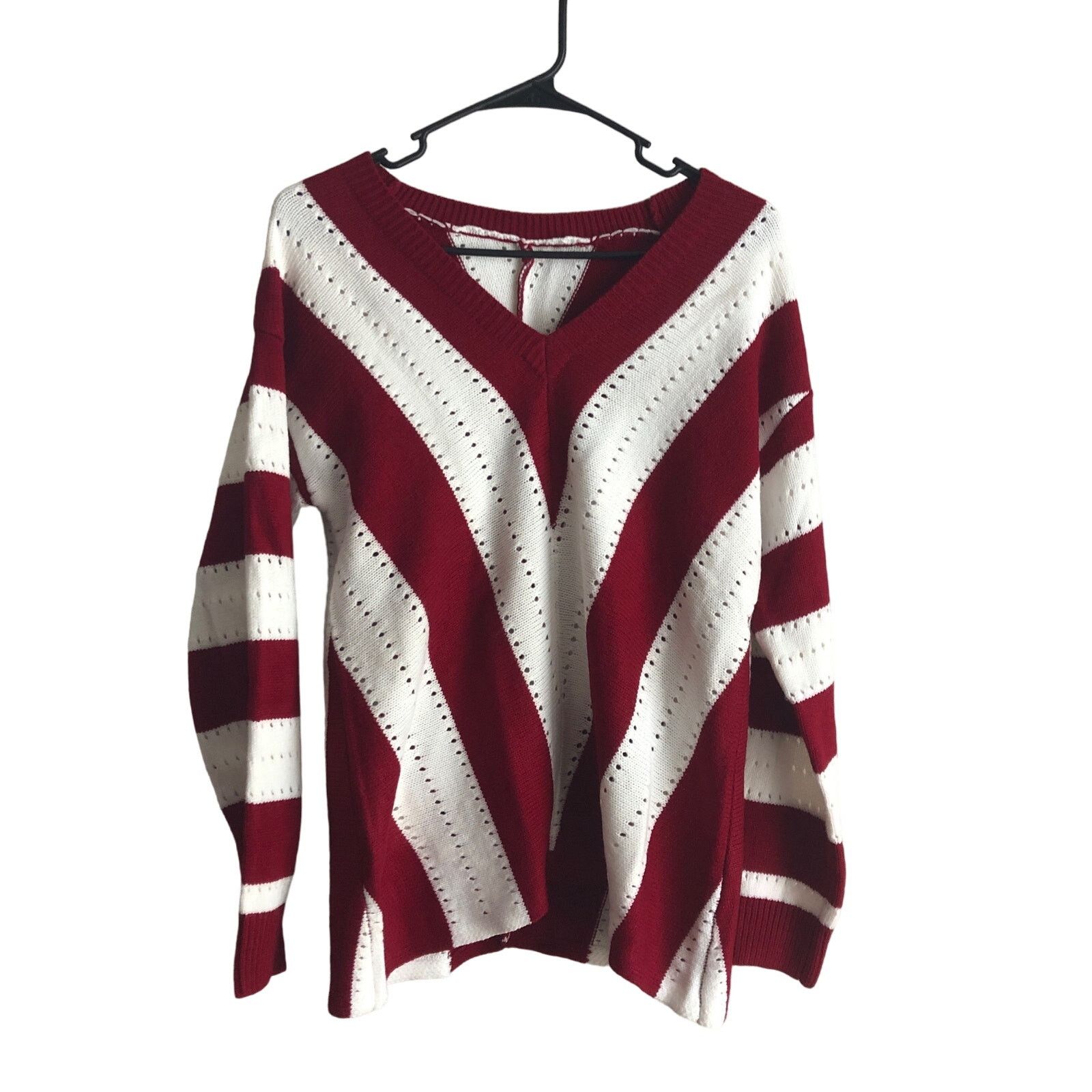 Shein Red and white stripe acrylic sweater v neck w/ mini cutouts | Grailed